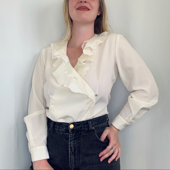Tops | Vintage White Neck Ruffle Blouse | Poshmark